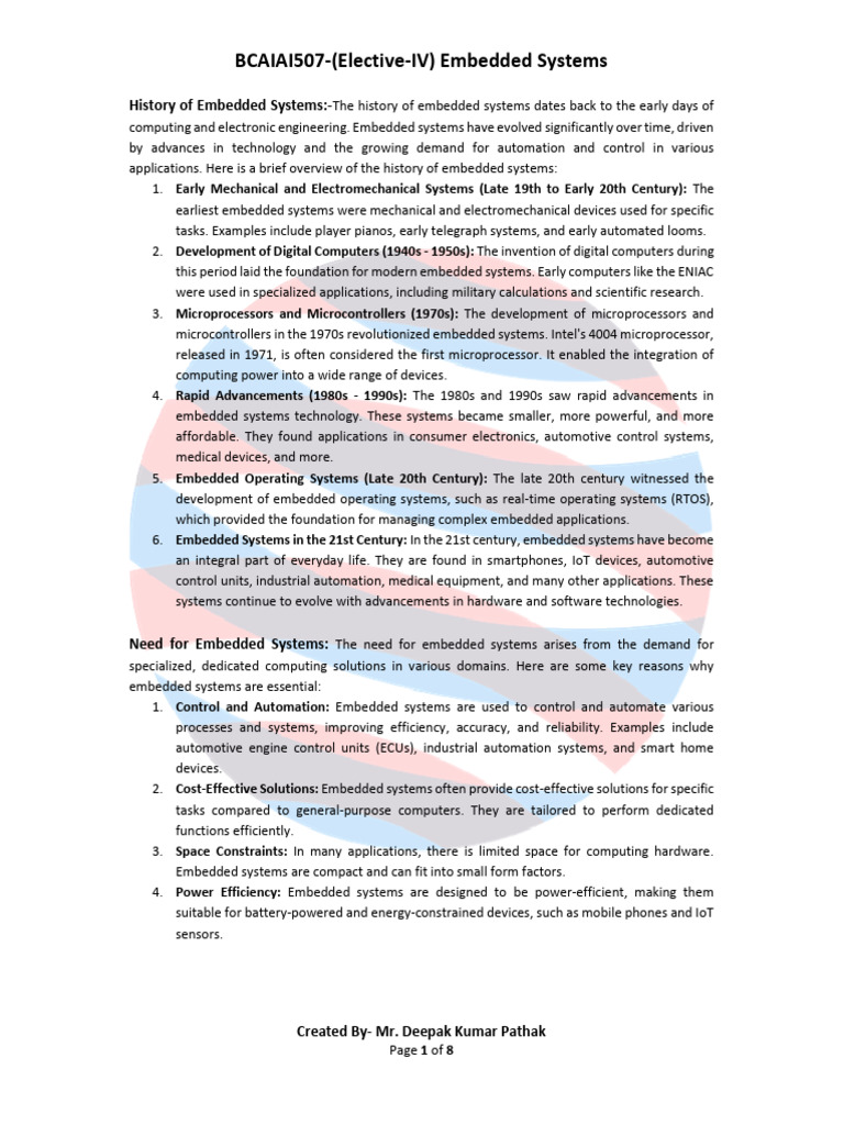 DP - Unit-1 - BCAIAI507 - (Elective-IV) Embedded Systems | PDF | Microcontroller | Embedded System