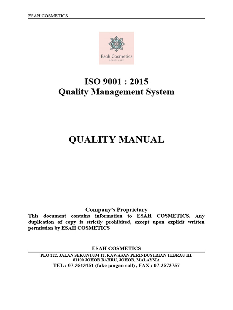ESAH Cosmetics ISO 9001:2015 Manual | PDF | Quality Management | Quality Management System