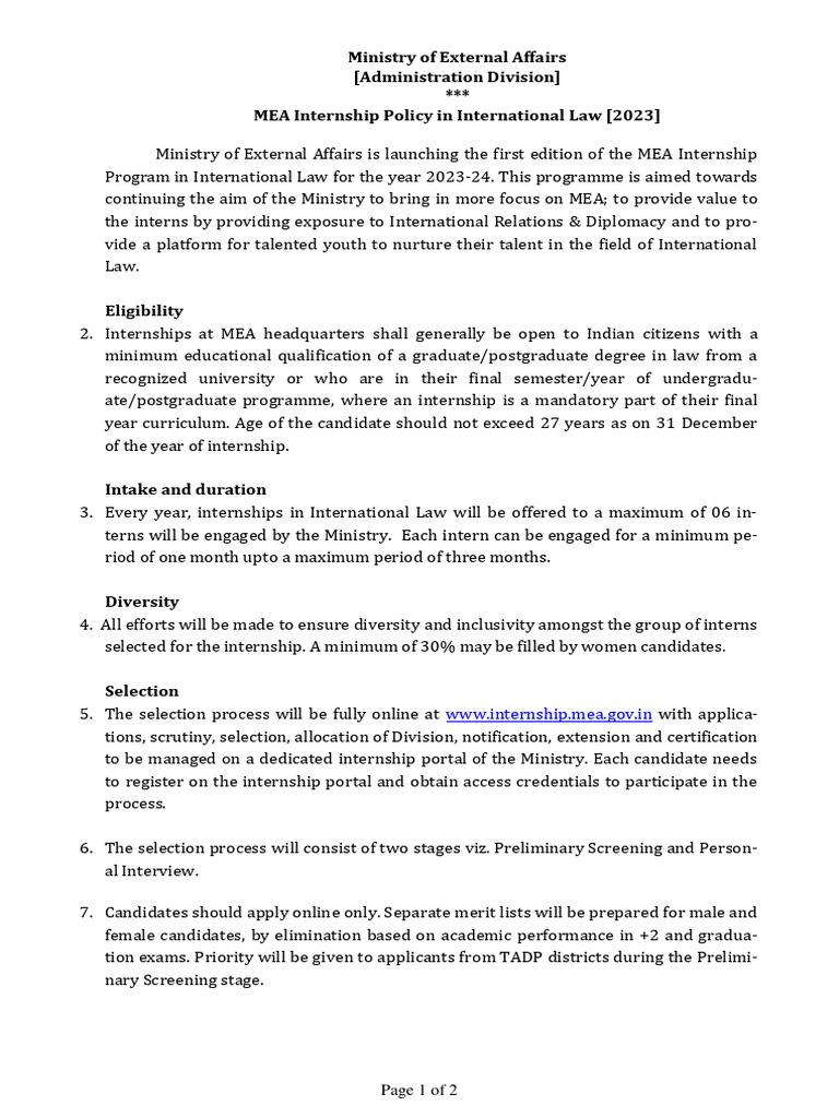 MEA Internship Policy International Law 2023 | PDF