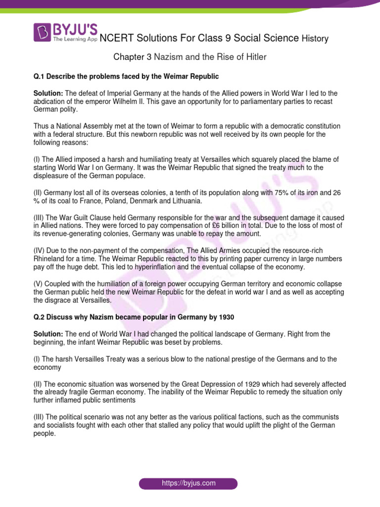 NCERT Solutions Class 9 Social Science History Chapter 3 Nazism and The Rise of Hitler ...