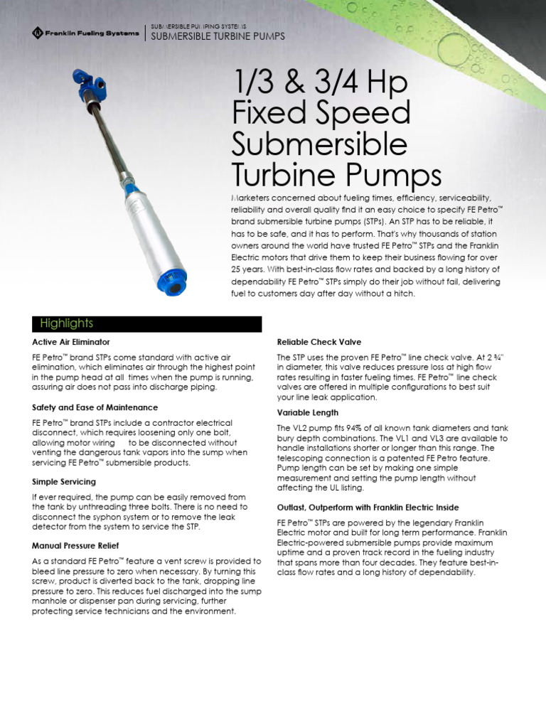 Ffs 0380 60 HZ 1 3 3 4 HP Fixed Speed Submersible Turbine Pumps Datasheet 07 14 | PDF