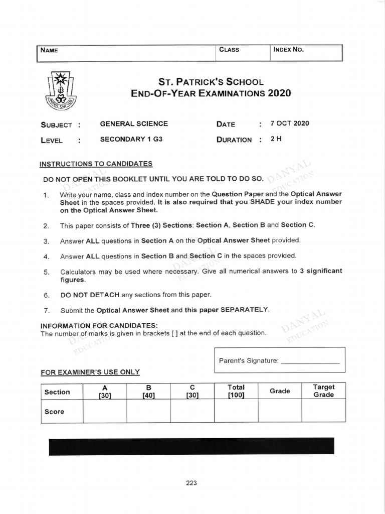 ST Patricks School Sec 1 SA2 2020 Science | PDF | Chemical Elements ...