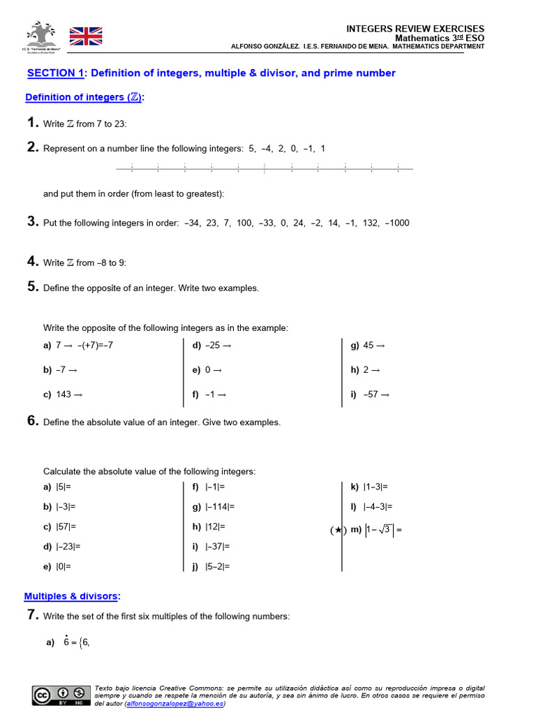 Integers Review Exercises for 3rd ESO | PDF