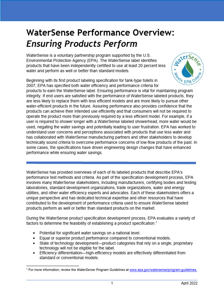 WaterSense Products Perfomance Overview | PDF