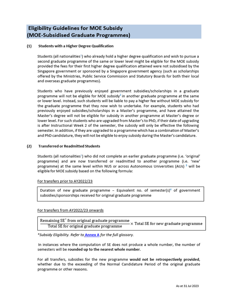 MOE Subsidy Eligibility Guidelines 2023 | PDF | Postgraduate Education ...