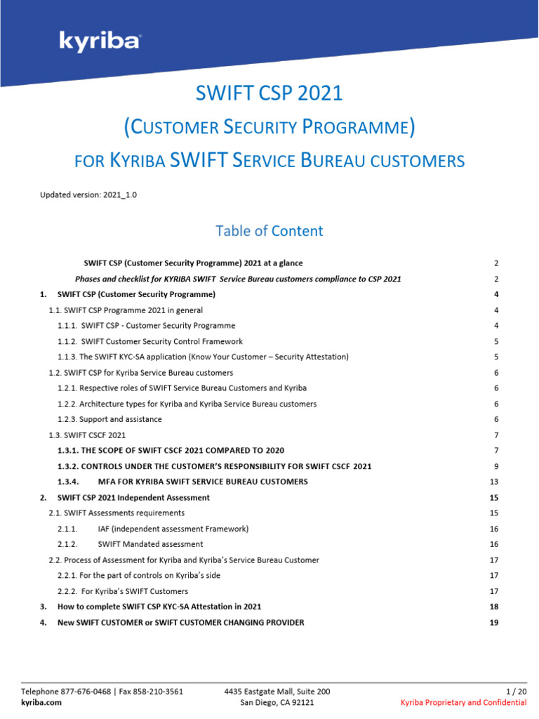 EXT CSP 2021 Requirements Service Bureau SWIFT CSP 2021 For Kyriba Cus ...
