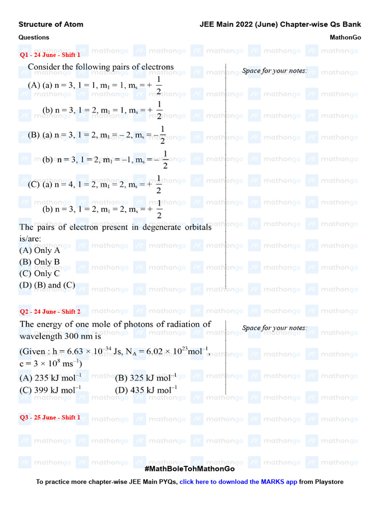 Structure of Atom - JEE Main 2022 Chapter Wise Questions by MathonGo | PDF