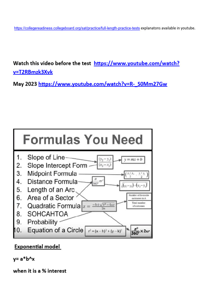 Formulas For Sat | PDF | Circle | Line (Geometry)