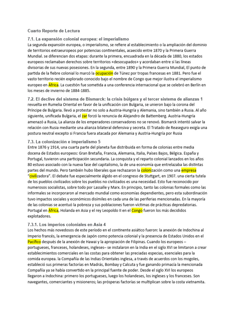 Cuarto Reporte de Lectura | PDF | Colonialismo | Imperio Británico