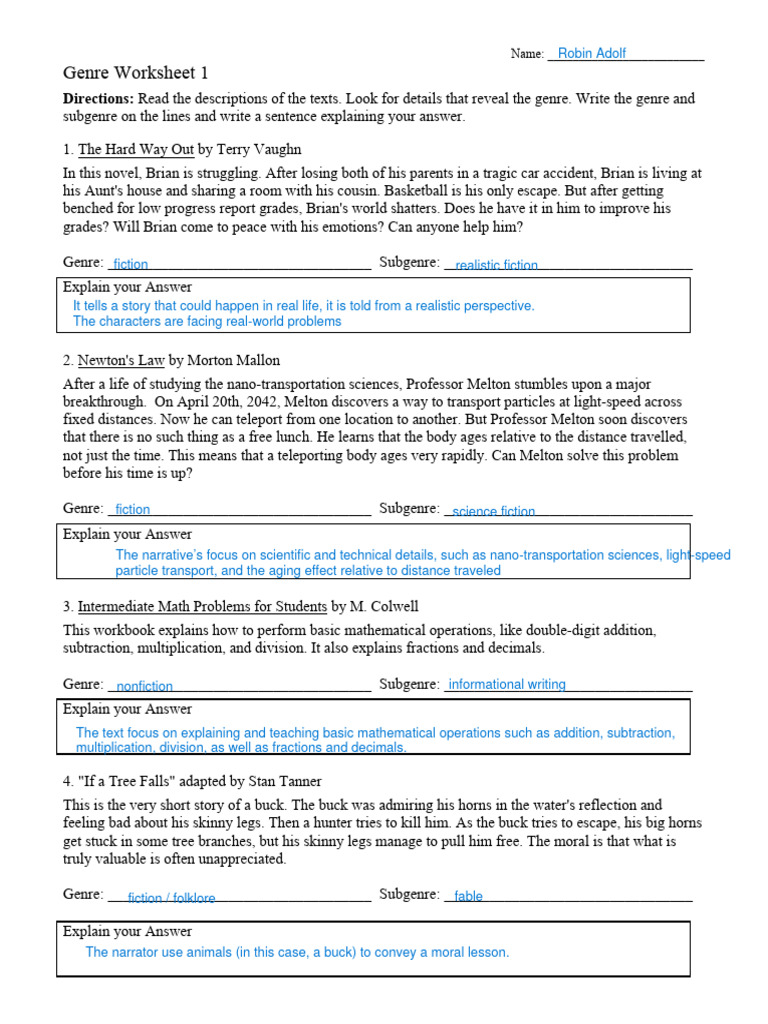 Genre Worksheet 01 | PDF