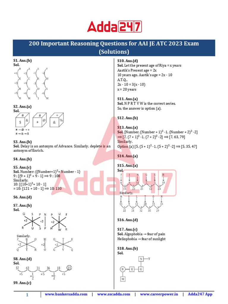 200 Reasoning Important Reasoning Questions For AAI JE ATC 2023 Solutions | PDF