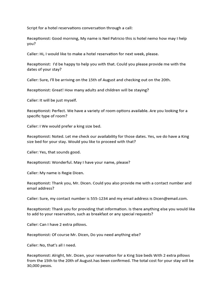 Script For A Hotel Reservations Conversation Through A Call | PDF