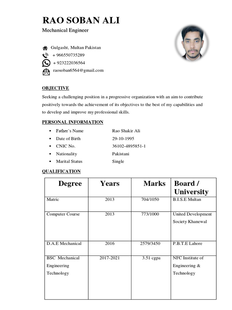 Mechanical Engineer Resume: RAO SOBAN ALI | PDF | Pump | Bearing ...