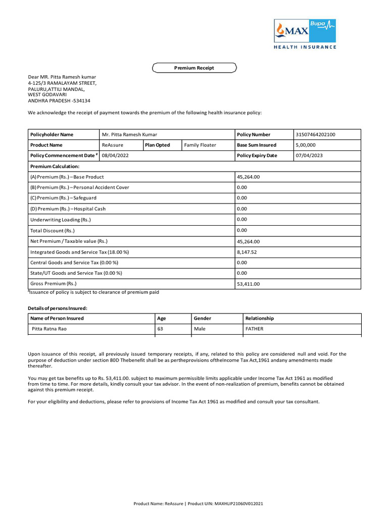 ReAssure Health Insurance Premium Receipt | PDF | Insurance | Taxes