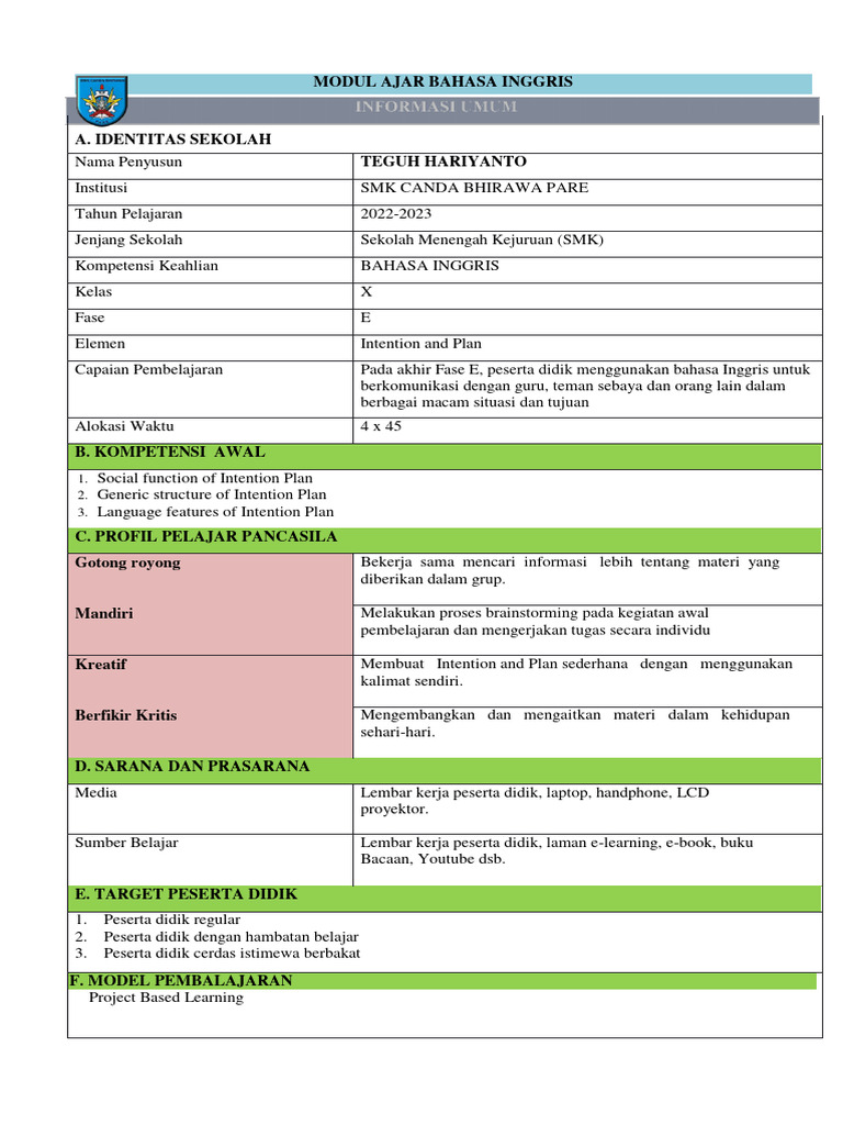 Modul Ajar Intention Plan | PDF