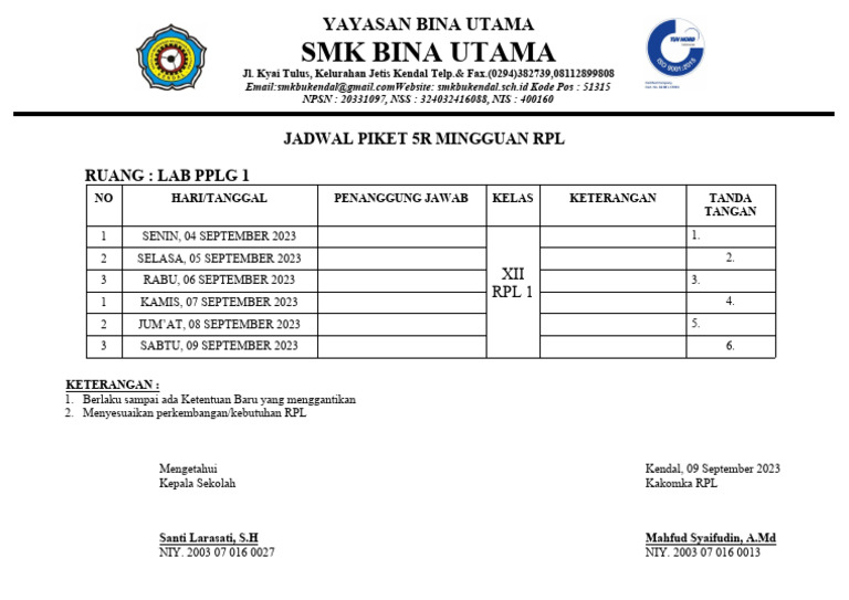 Jadwal Piket 5R Hari | PDF