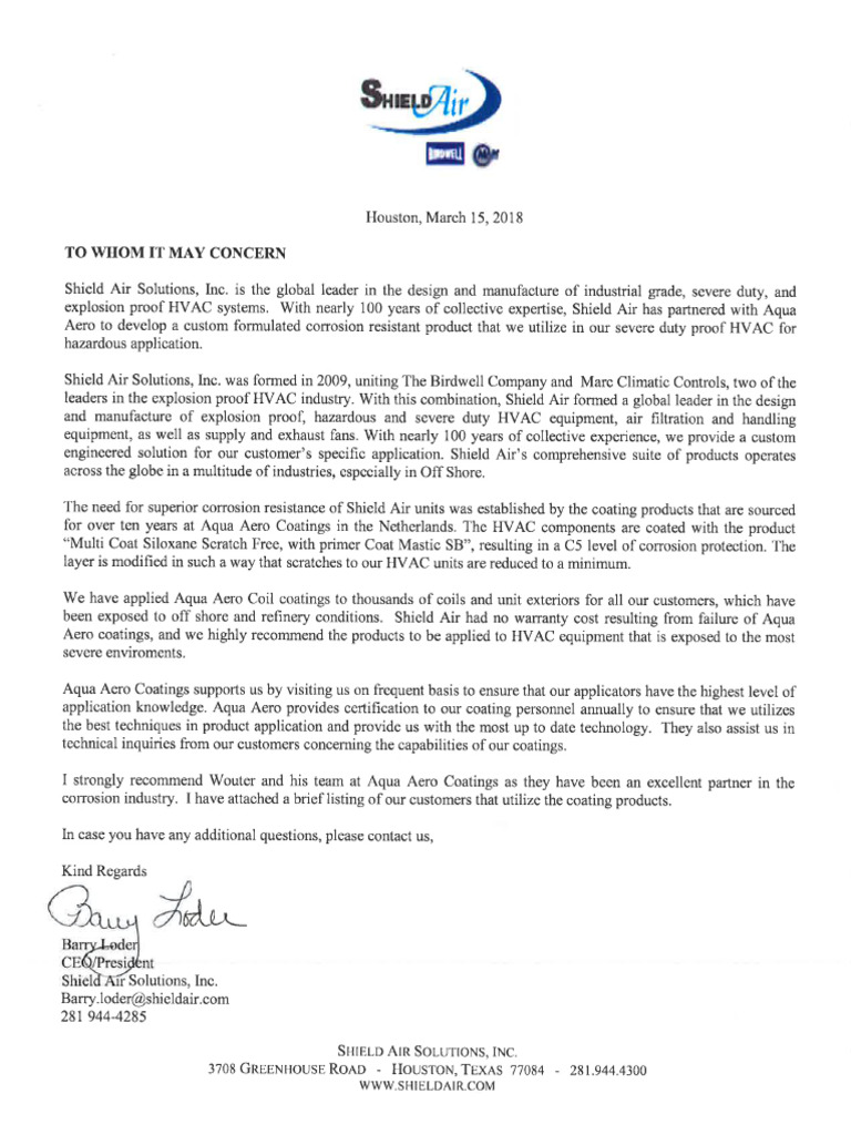 Aero Aqua Reference Letter ShieldAir Houston TX | PDF | Secondary ...