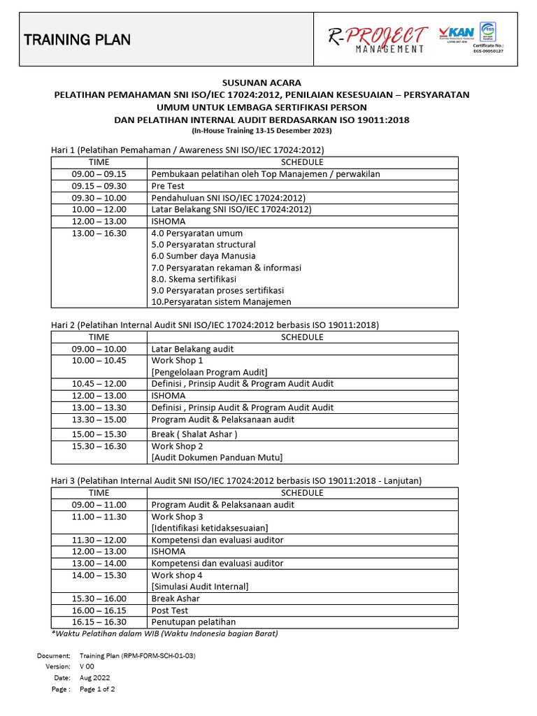 TR202315 RPM-FORM-SCH-01-03 Training Plan LSP Geoteknik Indonesia | PDF