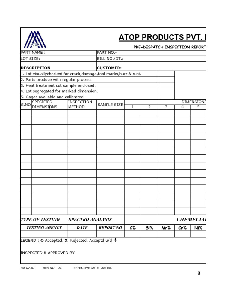 FM-QA-07 (Pre Despatch Inspection Report) | PDF