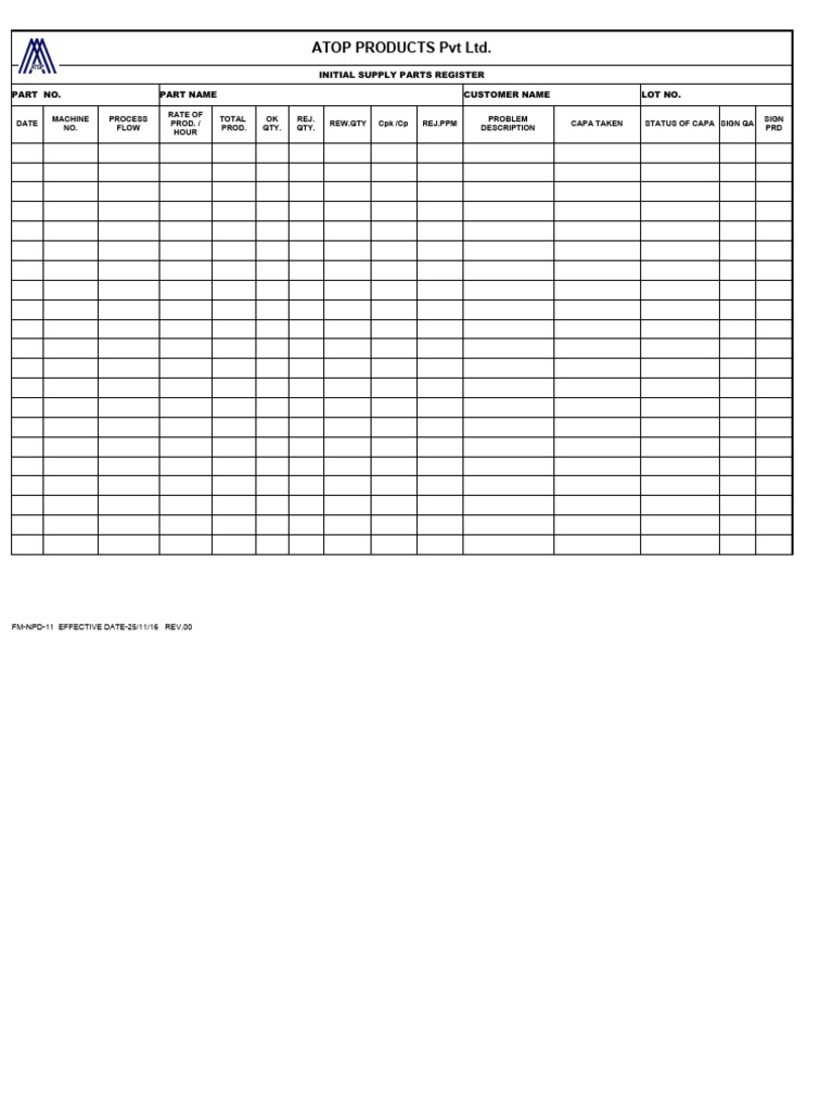 FM-NPD-11 (Initial Part Supply Register) | PDF