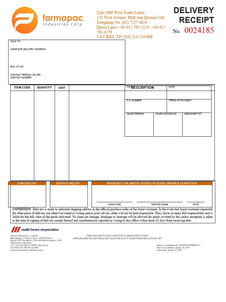 BIR Delivery Receipt Sample 500ply-010 | PDF | Receipt | Value Added Tax