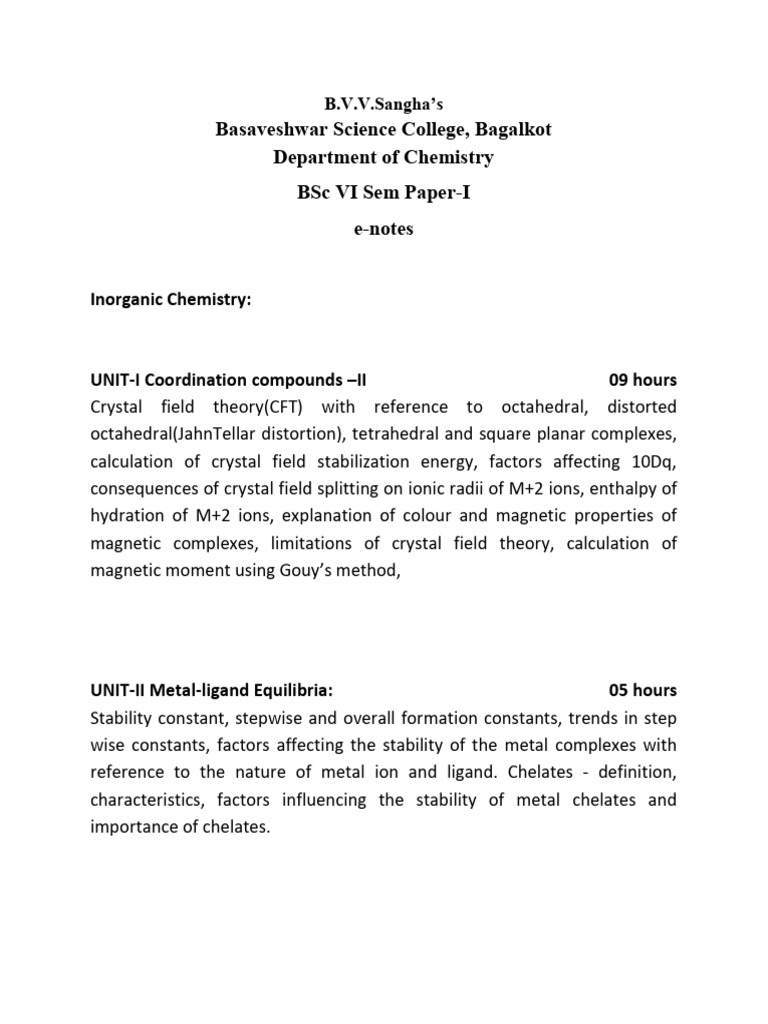 BSC Chemistry 6th Sem Paper-1 Inorganic Chemistry | PDF | Chemical Polarity | Coordination Complex