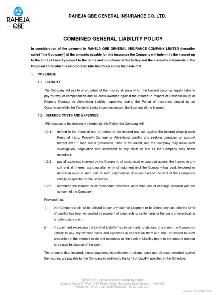 Combined General Liability Policy | PDF | Liability Insurance | Insurance