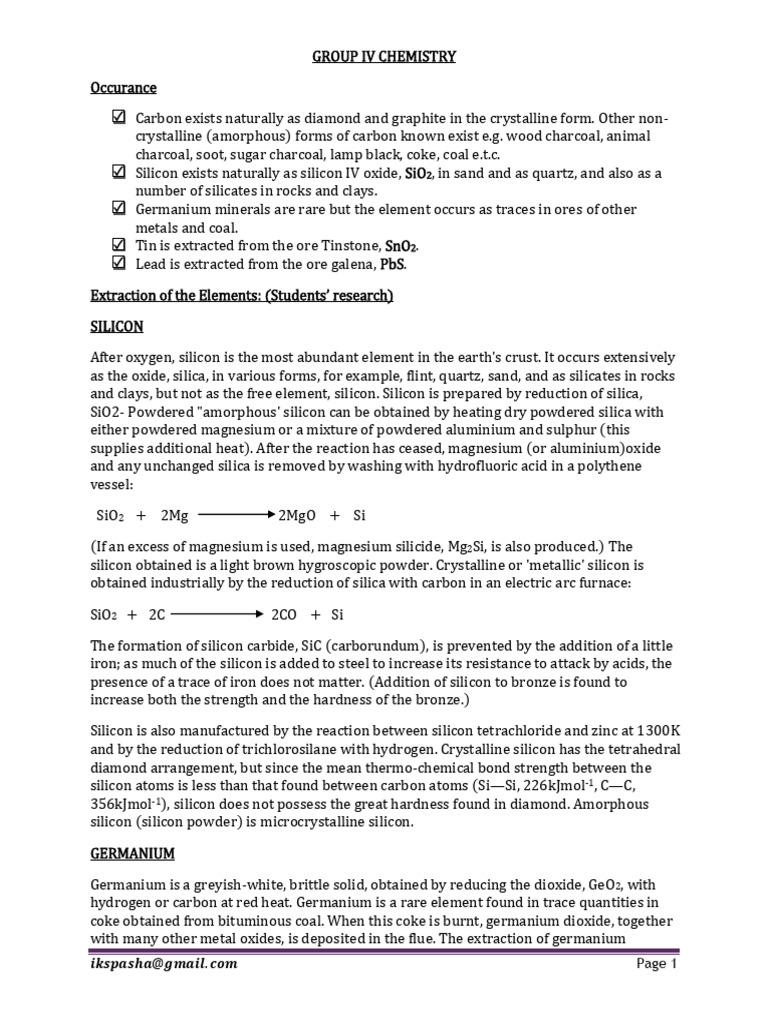 Group IV Elements: Occurrence & Extraction | PDF | Silicon | Lead