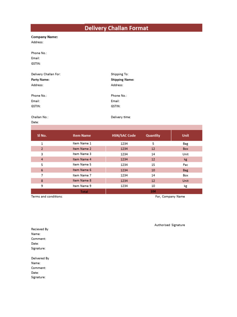 Delivery Challan Word Format | PDF