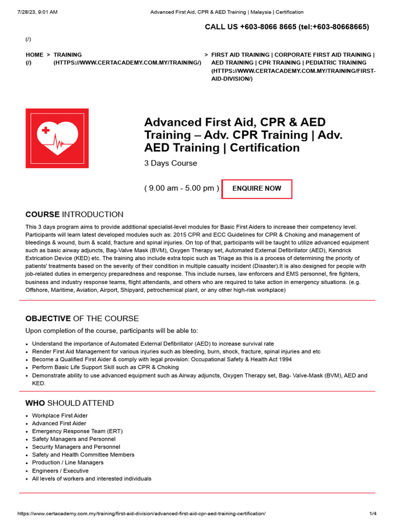 Advanced First Aid, CPR & AED Training - Malaysia - Certification | PDF ...