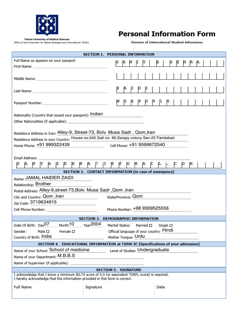 Personal Information Form | PDF