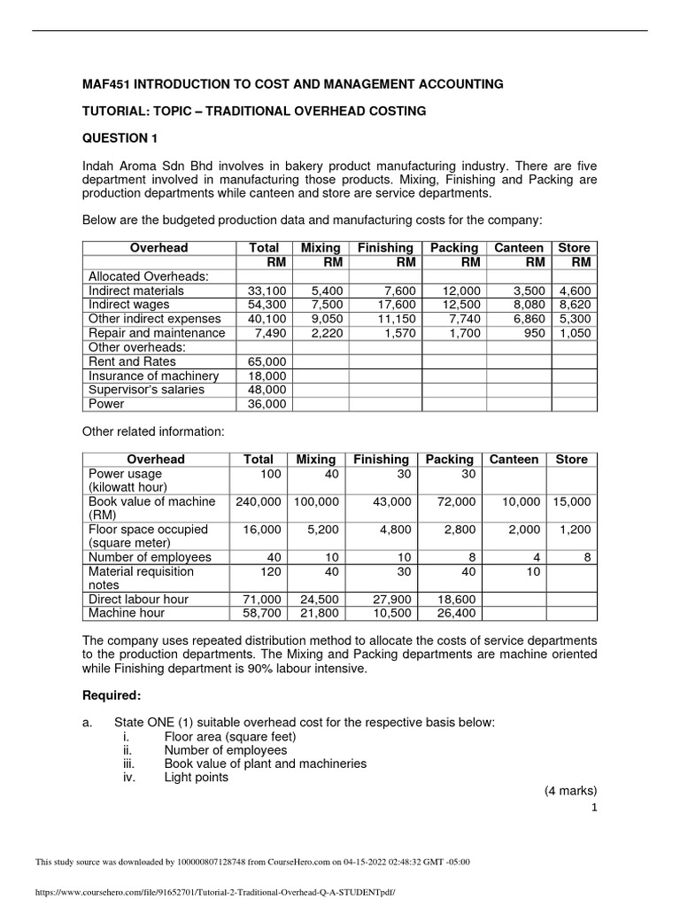 Tutorial 2 Traditional Overhead Q A STUDENT PDF | PDF | Business ...