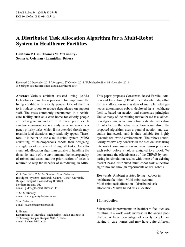 A Distributed Task Allocation Algorithm For A Multi-Robot System in Healthcare Facilities | PDF ...