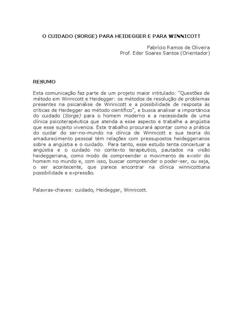 O Cuidado Sorge para Heidegger e para Winnicott | PDF | Sigmund Freud ...