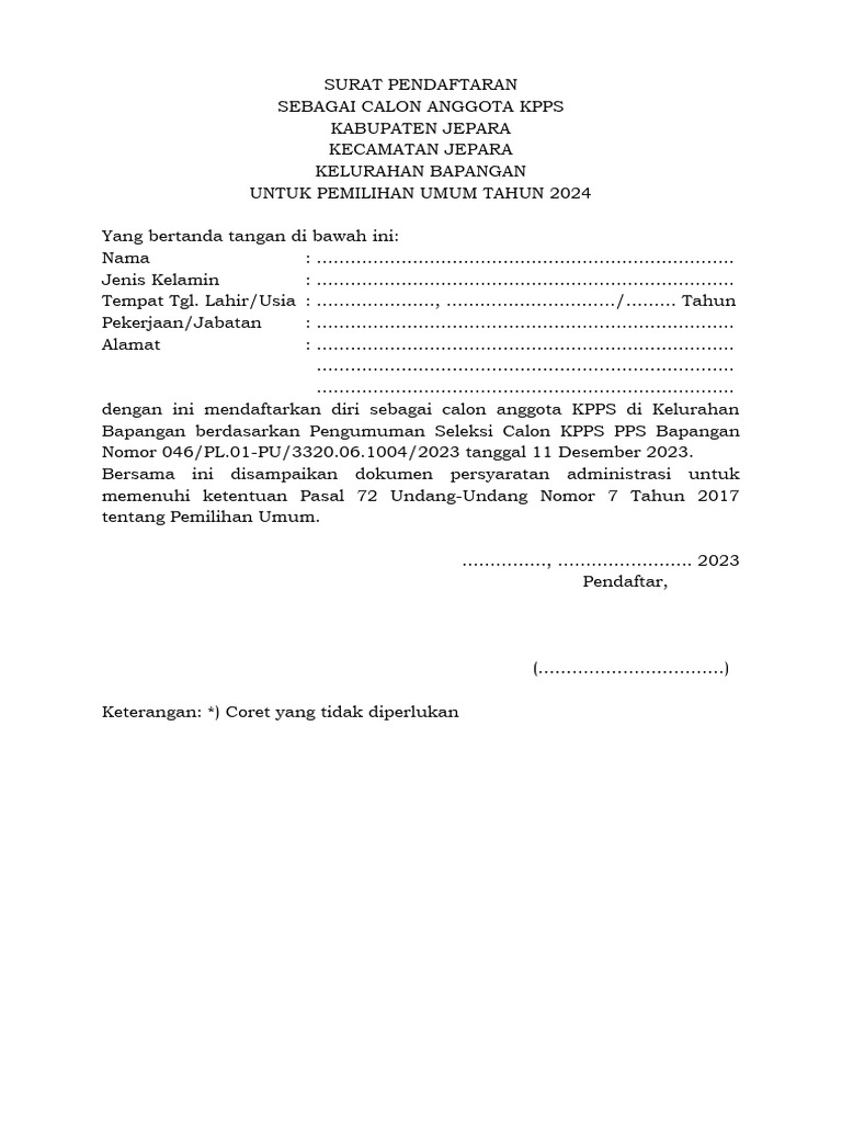 Surat Pendaftaran KPPS Lengkap 2023 | PDF