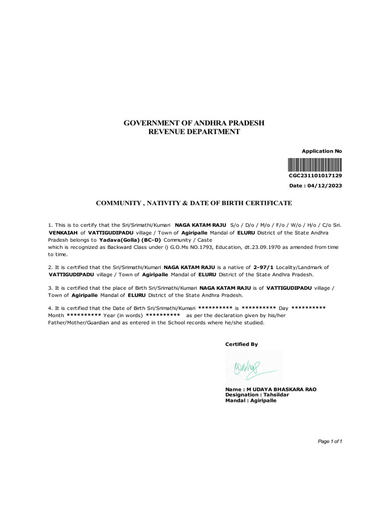 Caste Certificate - CGC231101017129 | PDF