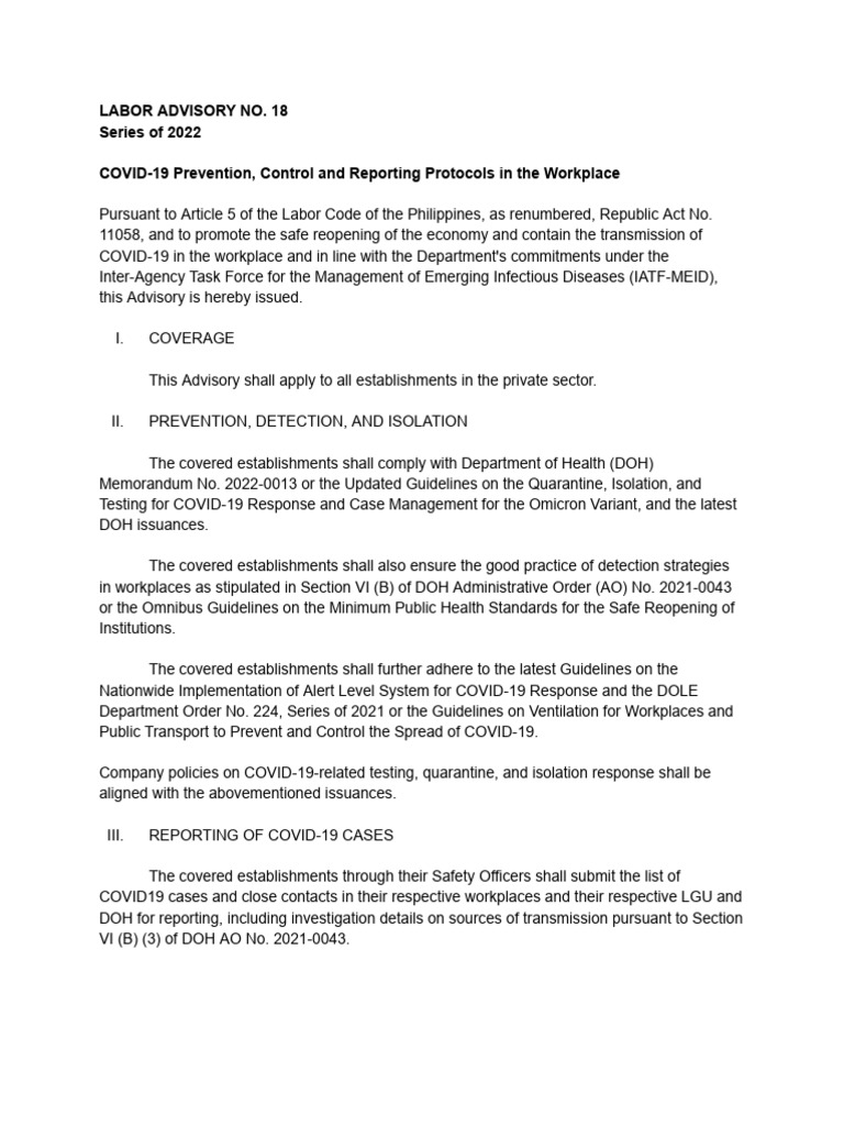 Labor Advisory No. 18-22 COVID-19 Prevention, Control and Reporting Protocols in The Workplace | PDF