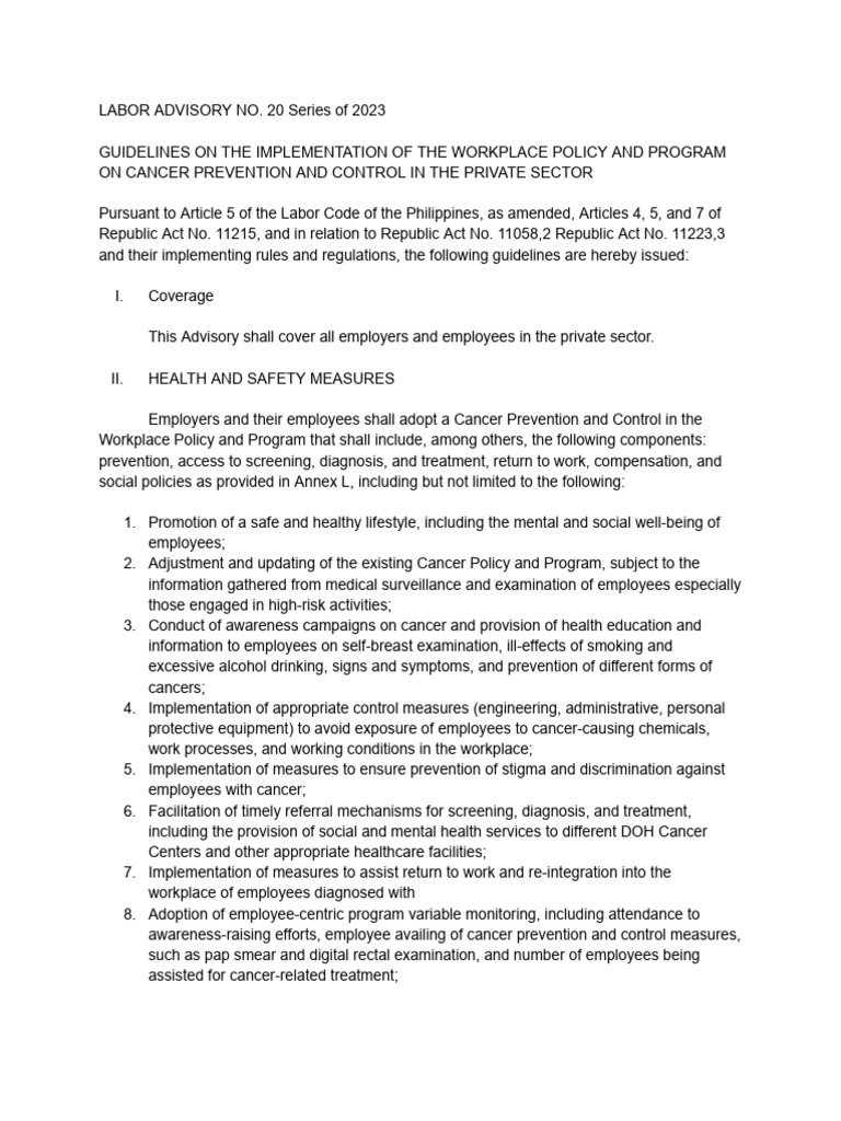 Labor Advisory No. 20-23 Guidelines On The Implementation of The ...