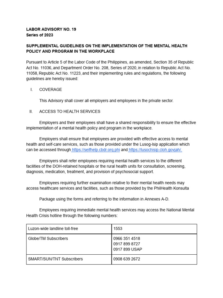 Labor Advisory No. 19-23 Supplemental Guidelines On The Implementation ...
