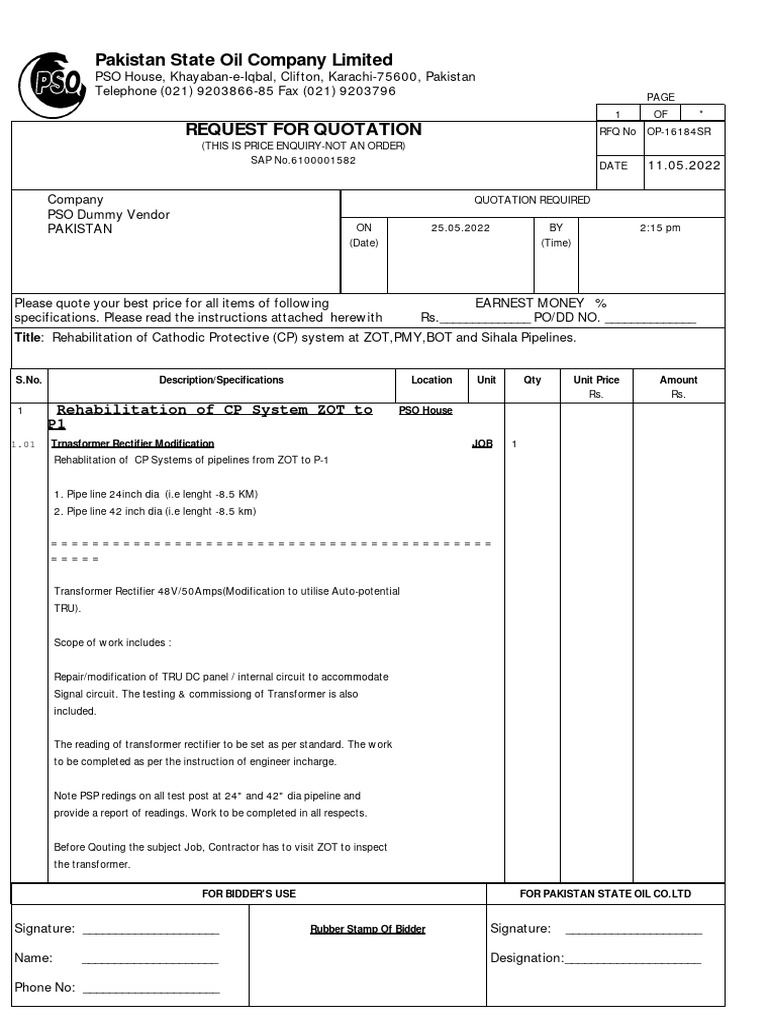 Pakistan State Oil Company Limited: Rehabilitation of CP System ZOT To | PDF | Anode | Pipe ...