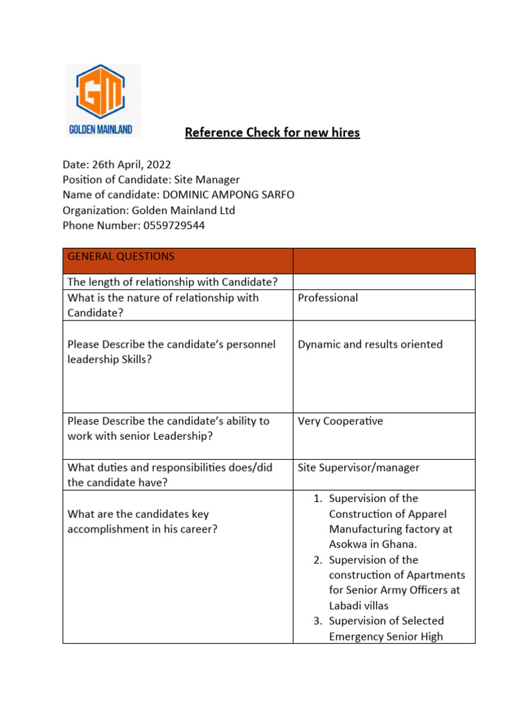 Hiring Reference: Site Manager | PDF | Business