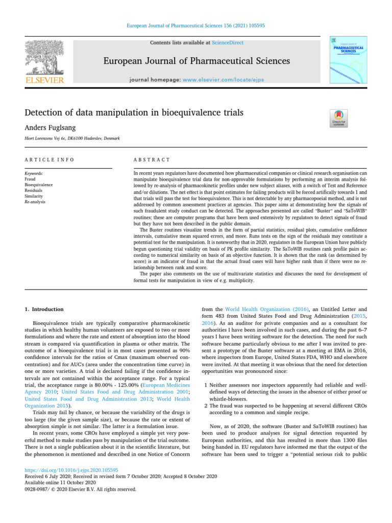 Detection of Data Manipulation in Bioequivalence Trials | PDF | Errors And Residuals