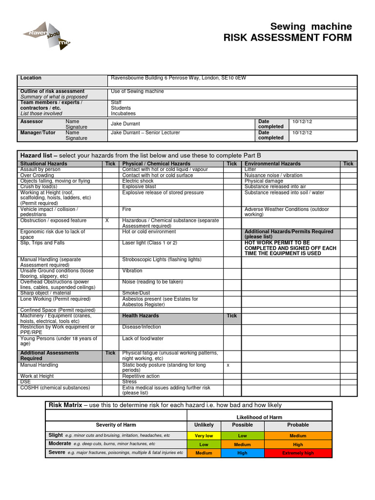 Sewing Machine Risk Assessment | Download Free PDF | Hazards | Risk