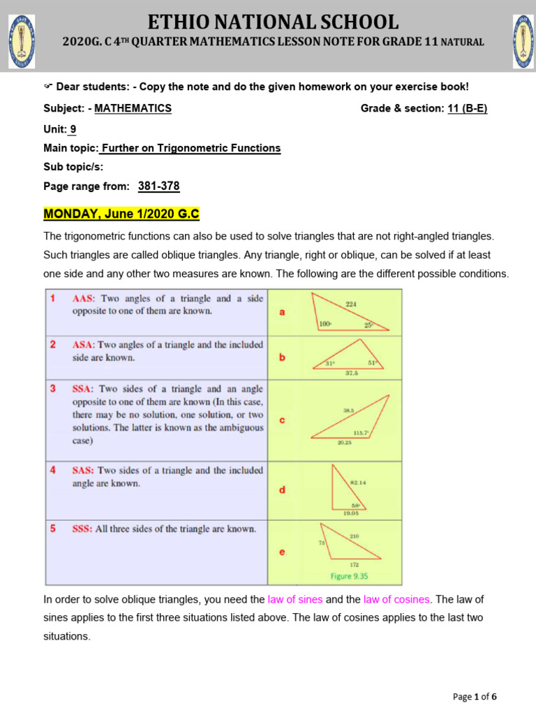 2020G. C 4 Quarter Mathematics Lesson Note FOR Grade 11 | PDF ...