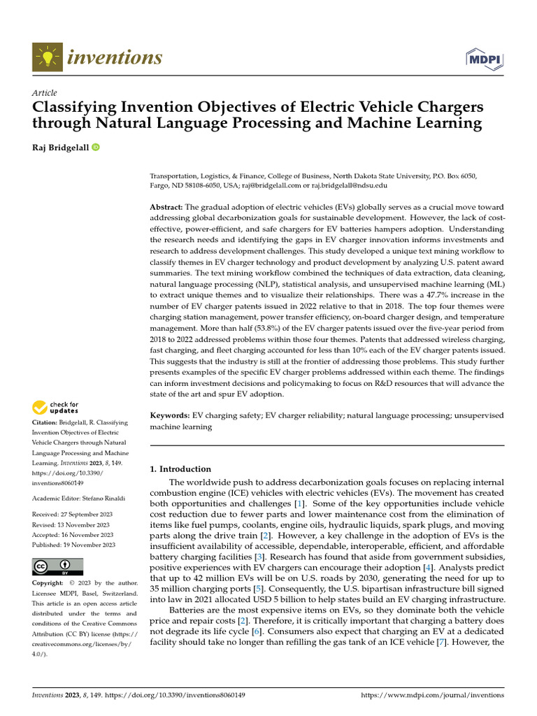 Classifying Invention Objectives of Electric Vehicle Chargers Through Natural Language ...