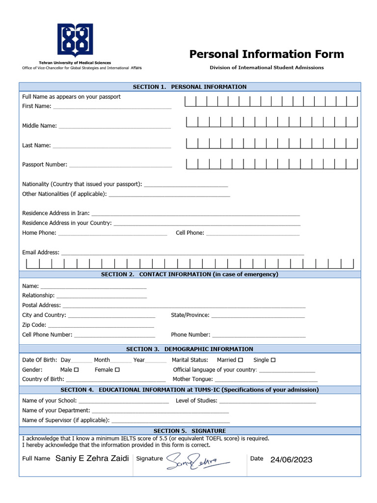 Personal Info Form for TUMS Admissions | PDF
