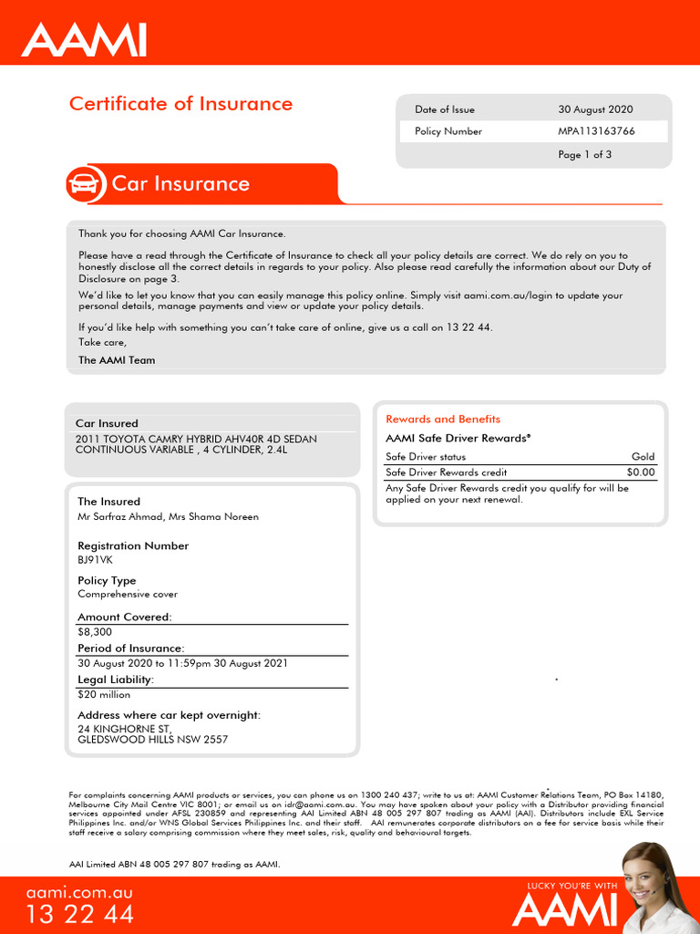 AAMI Car New Policy Details MPA113163766 | PDF | Finance & Money Management