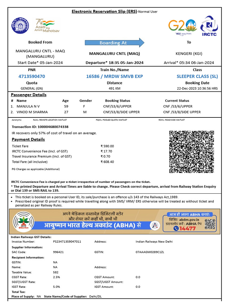 MRDW SMVB Exp Sleeper Class (SL) : Electronic Reserva On Slip (ERS) | PDF