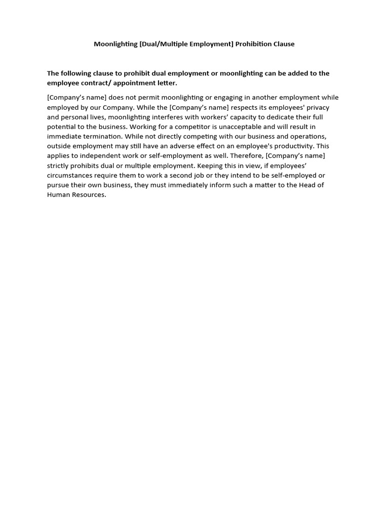 Moonlighting Prohibition Clause | PDF