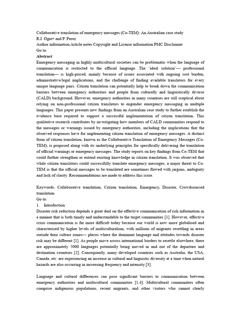 Collaborative Translation of Emergency Messages (Co-TEM) An Australian Case Study | PDF ...